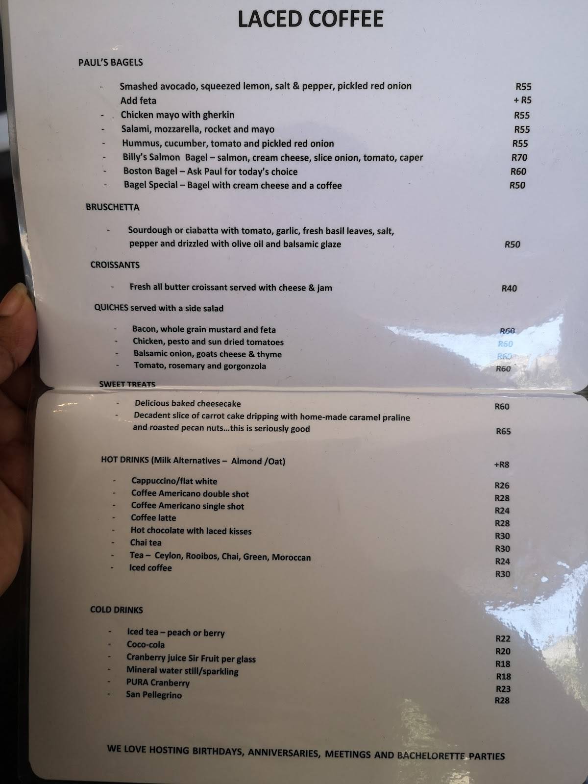 Menu at Laced Coffee House, Cape Town