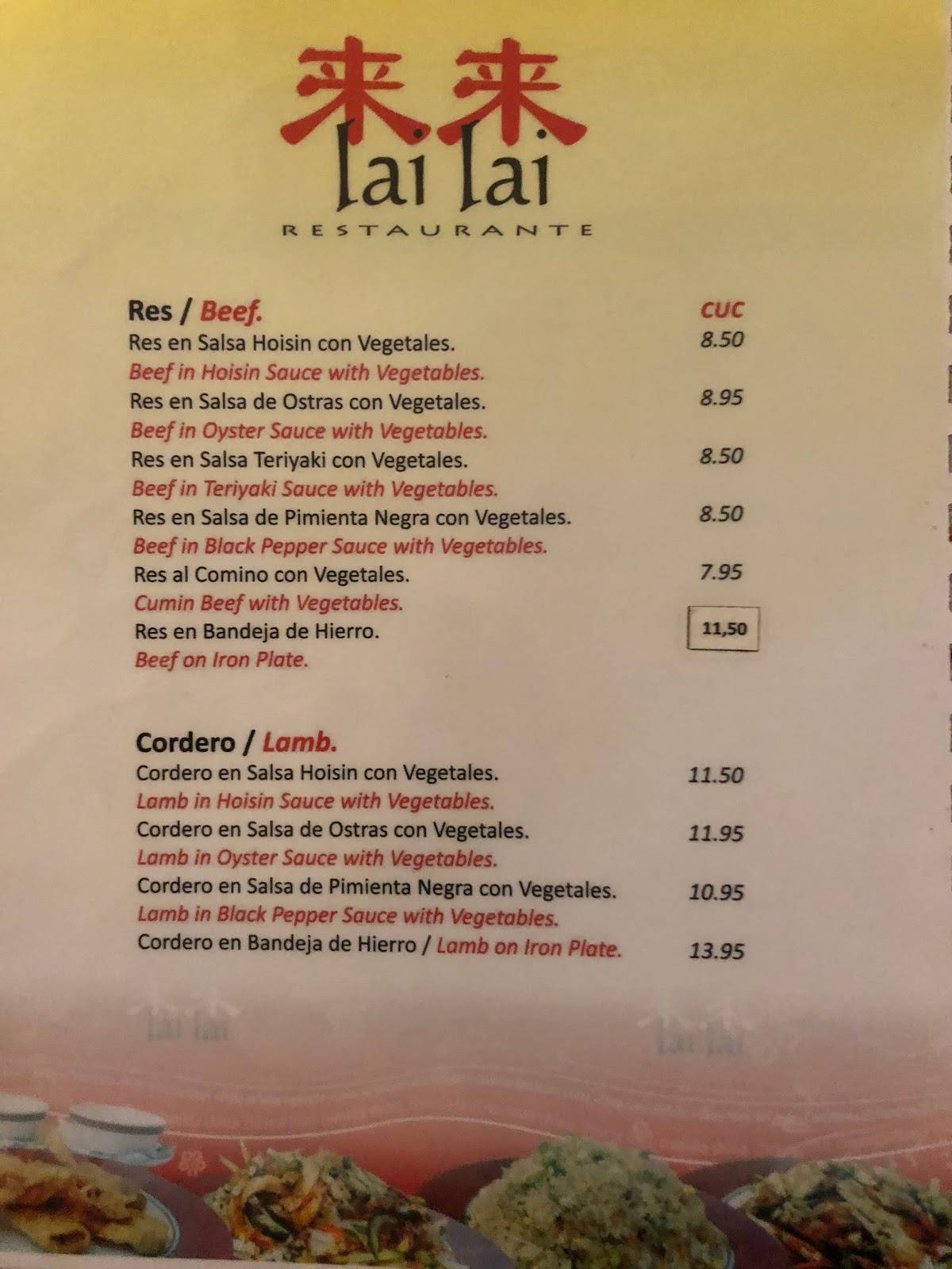 Menu at Lai Lai restaurant, Varadero