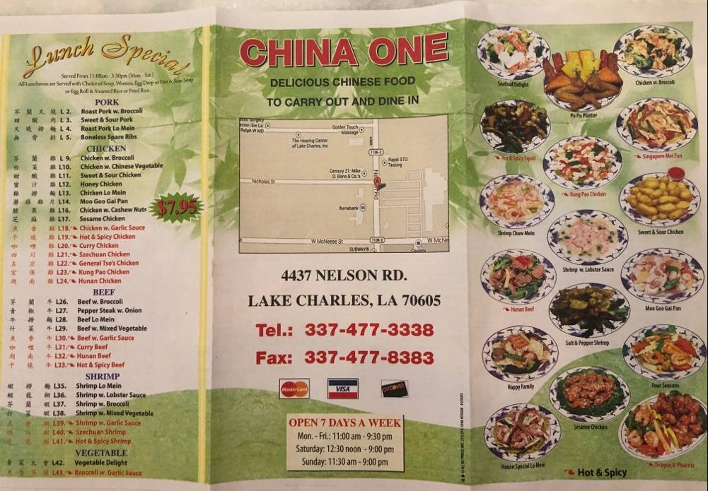 Menu at China One restaurant, Lake Charles