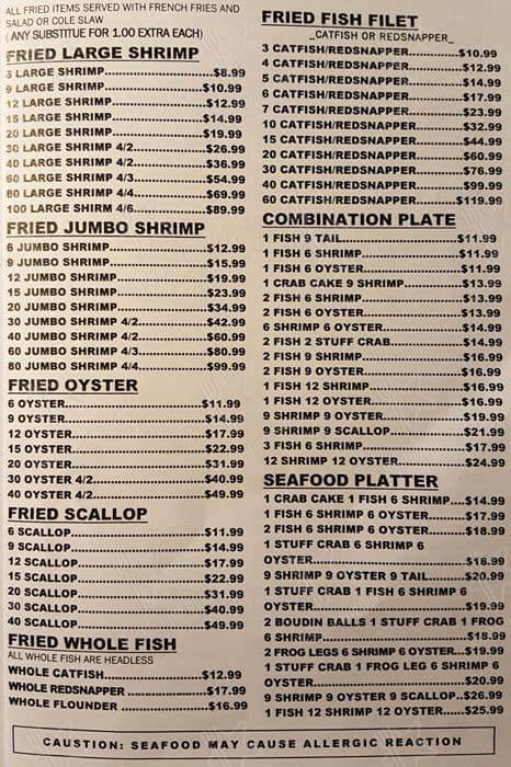 Menu at Lake Jackson Seafood restaurant, Lake Jackson, 466 Plantation Dr