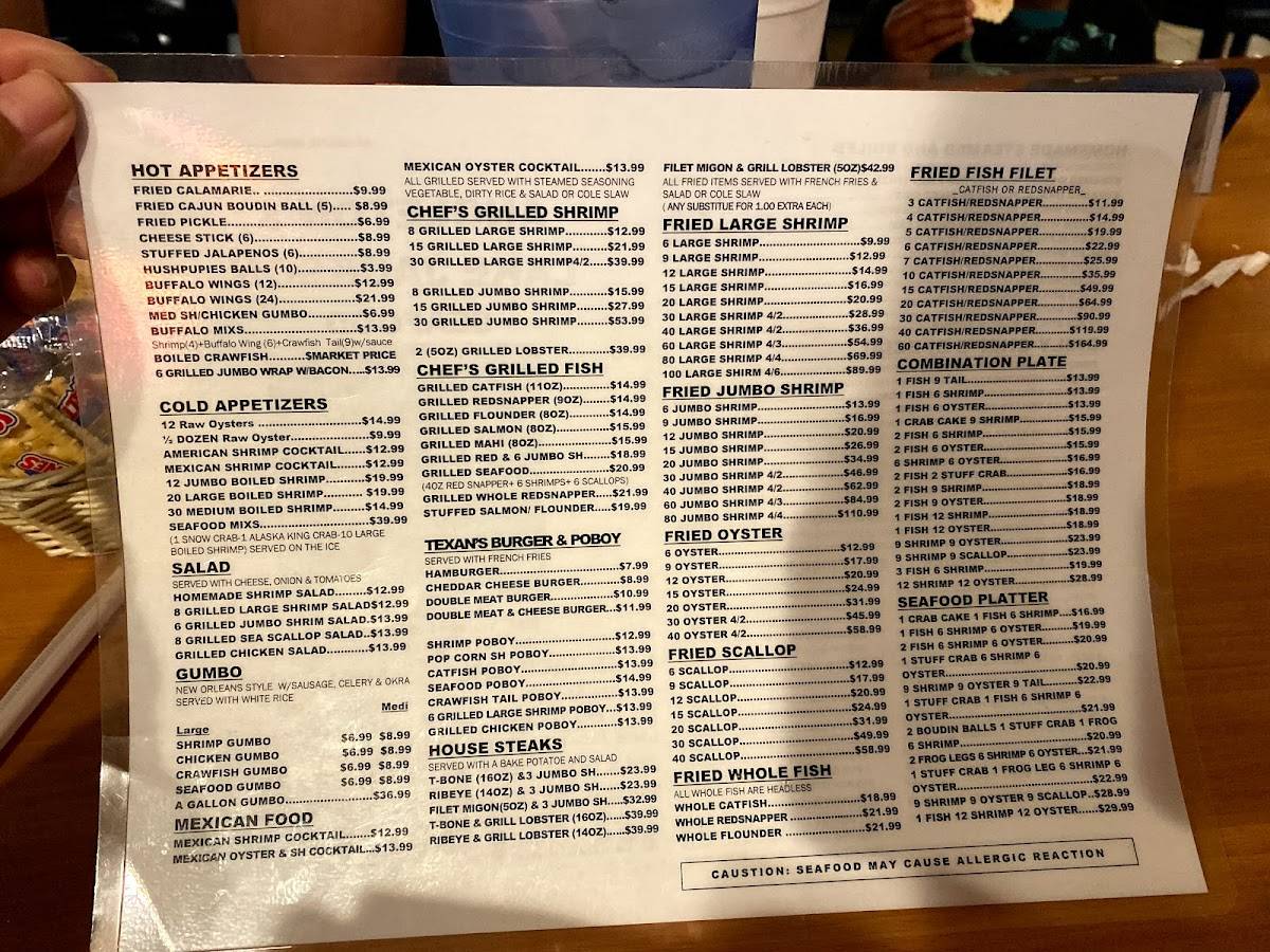 Menu at Lake Jackson Seafood restaurant, Lake Jackson, 466 Plantation Dr