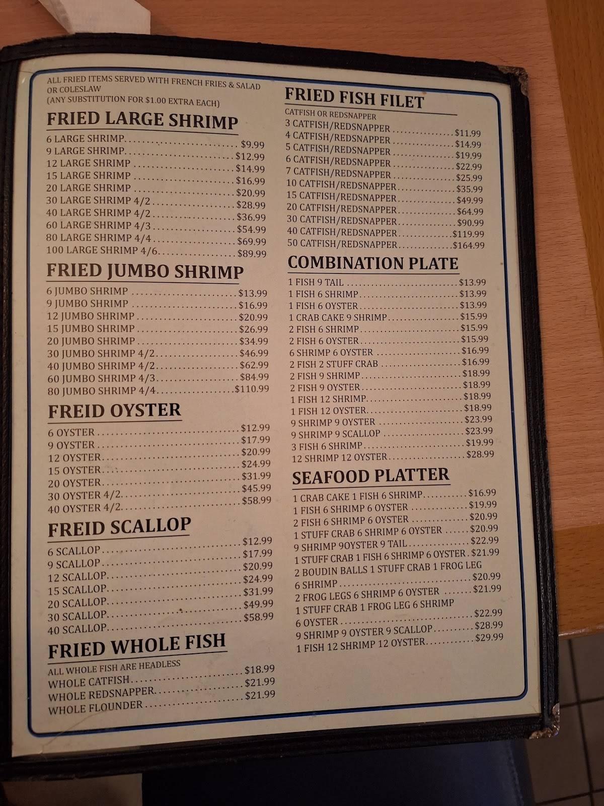 Menu at Lake Jackson Seafood restaurant, Lake Jackson, 466 Plantation Dr