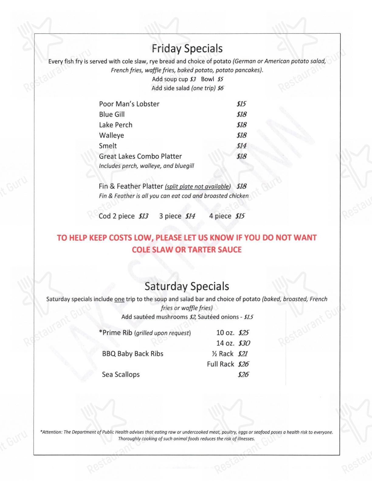 Menu at Lake Street Inn pub & bar, Hustisford
