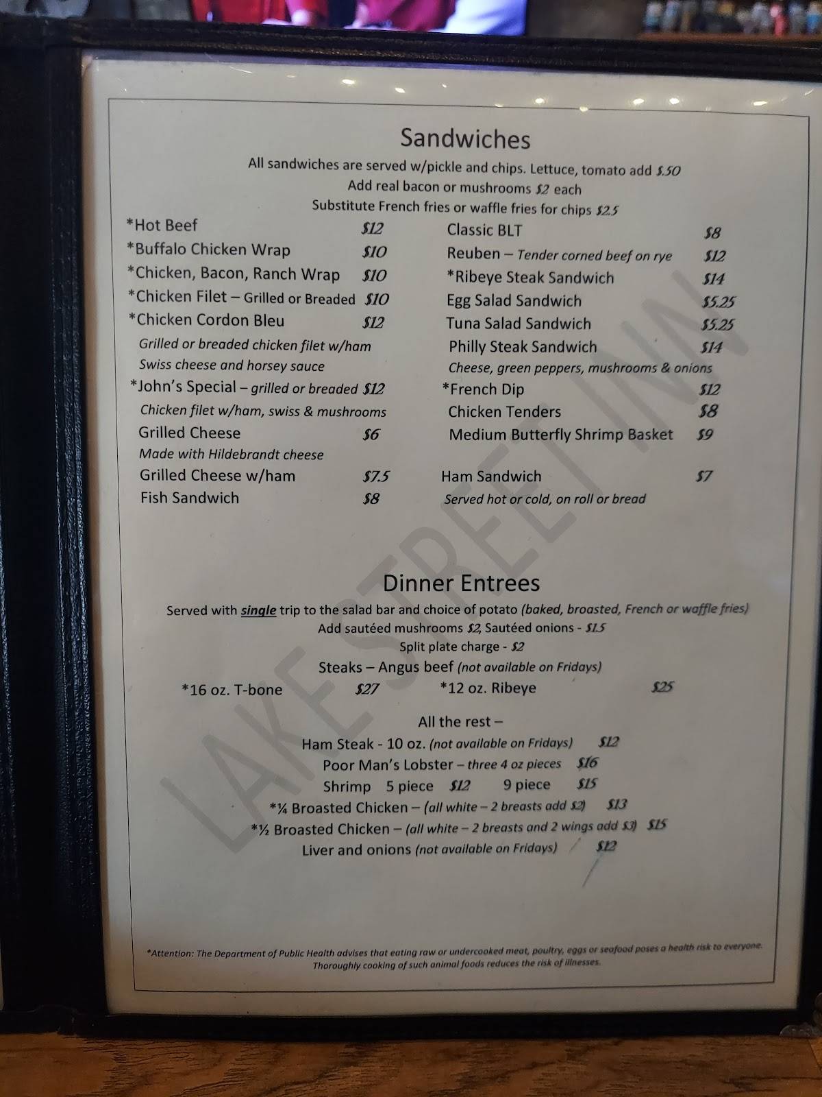 Menu at Lake Street Inn pub & bar, Hustisford
