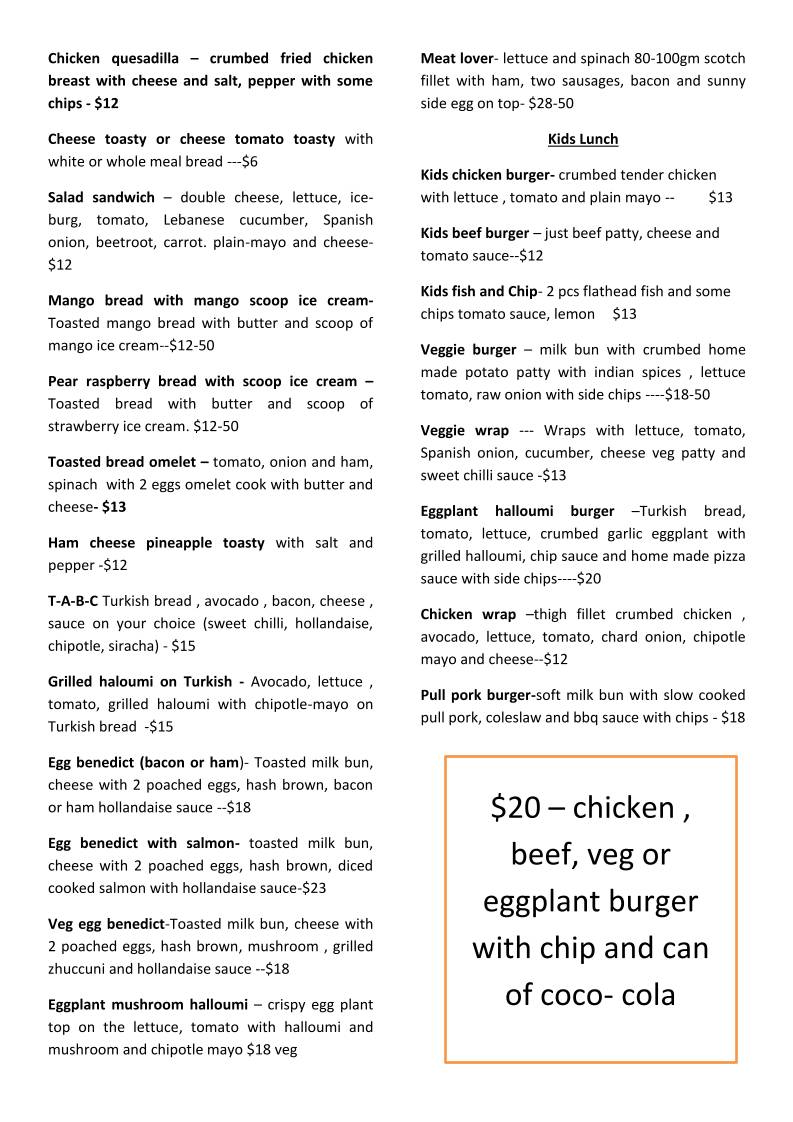 Menu at Lakeside Cafe & Restaurant @ burrill, Burrill Lake