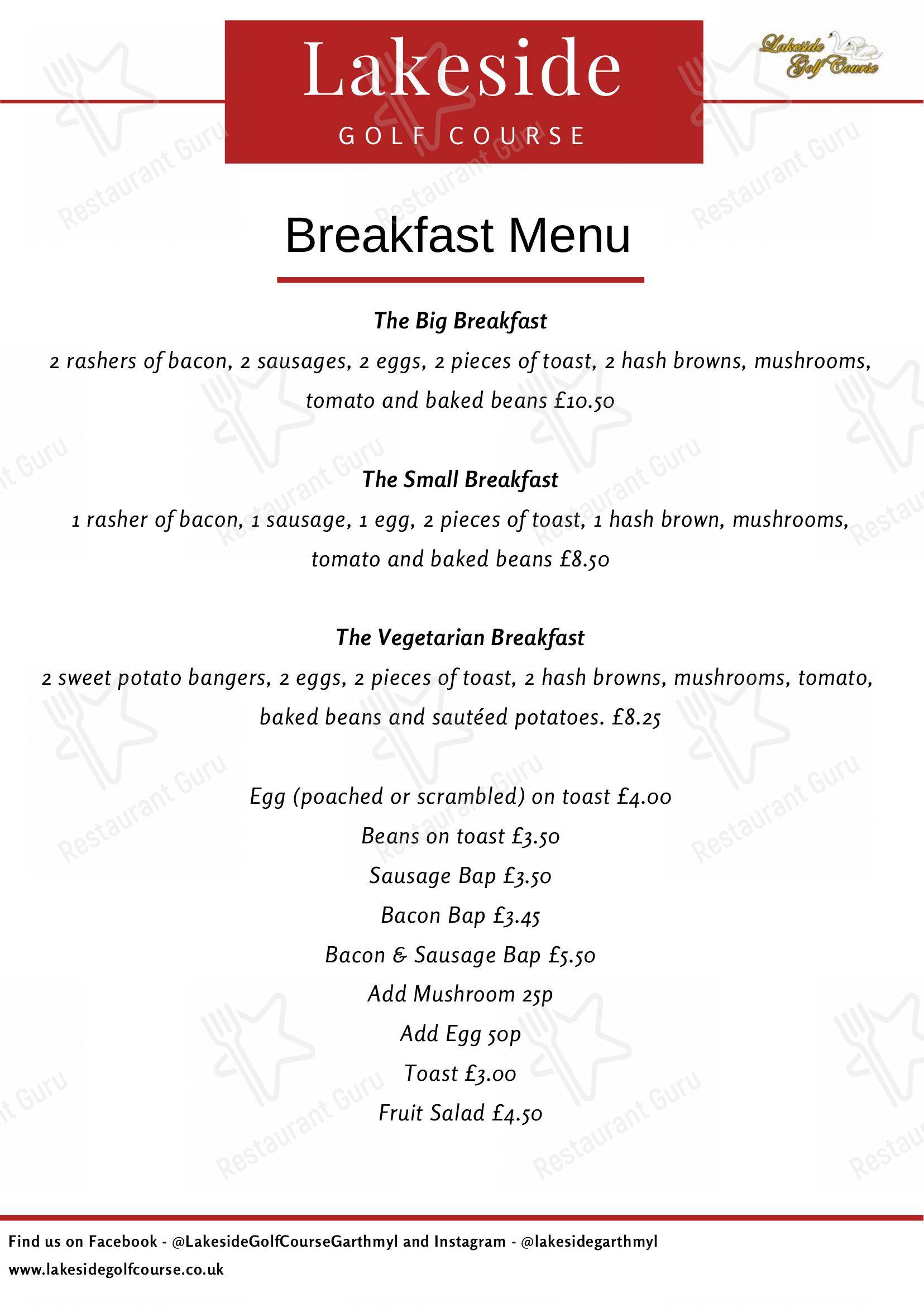 Menu at Lakeside Restaurant, Welshpool, Brynllwyn Lane