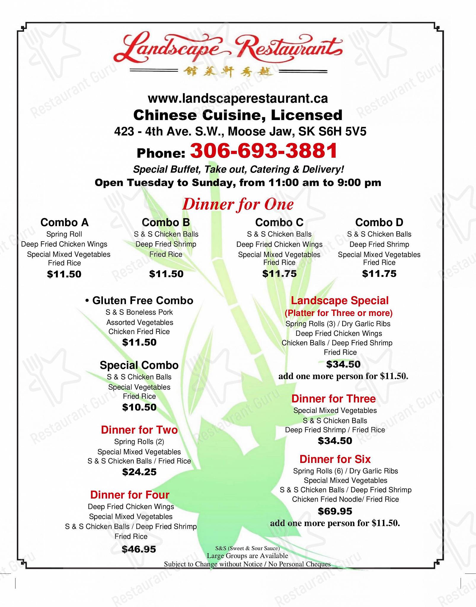 Menu at Landscape Restaurant Ltd, Moose Jaw