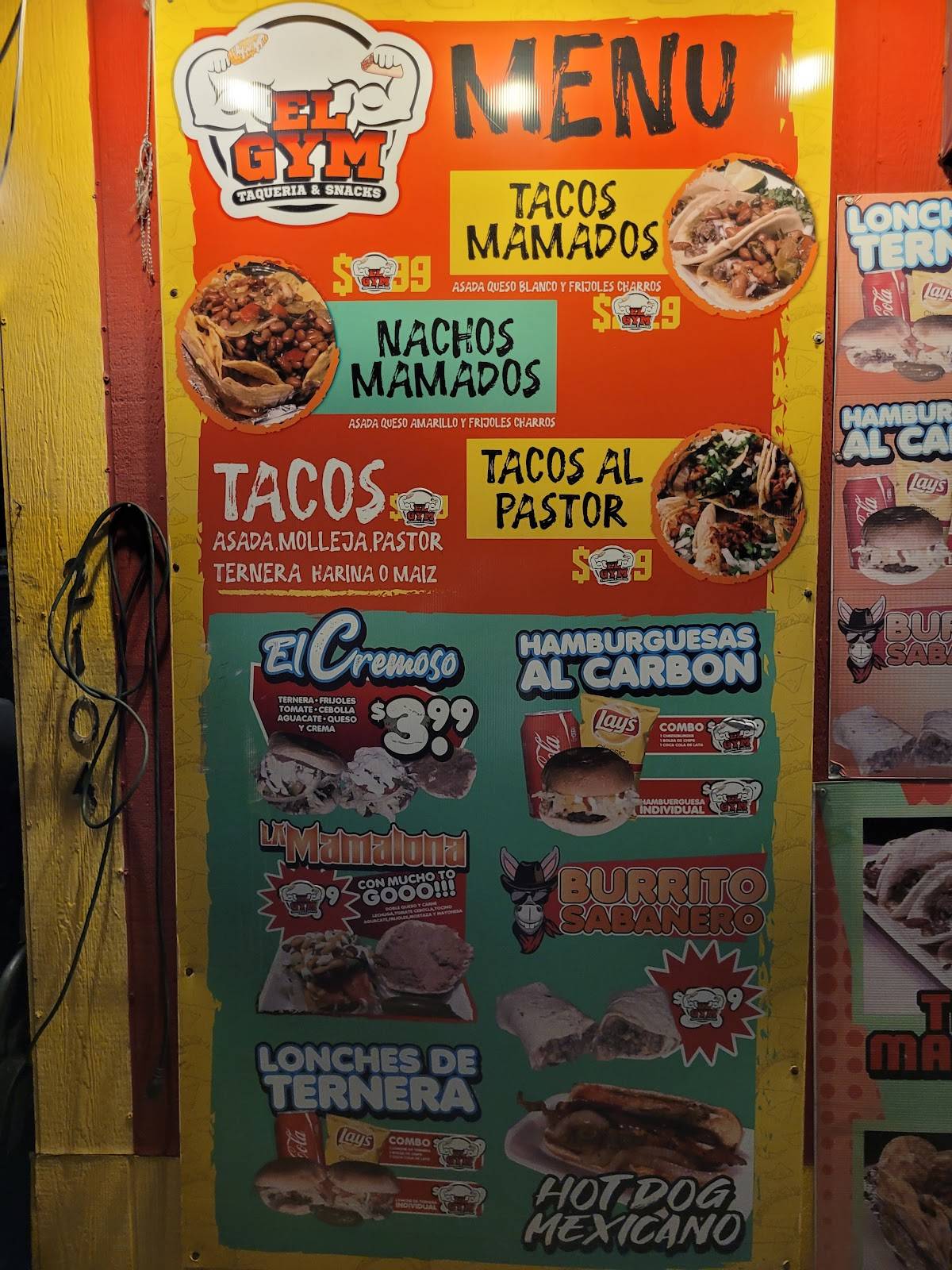 Menu at El Gym Taqueria & Snacks pub & bar, Laredo, Quail Creek Rd