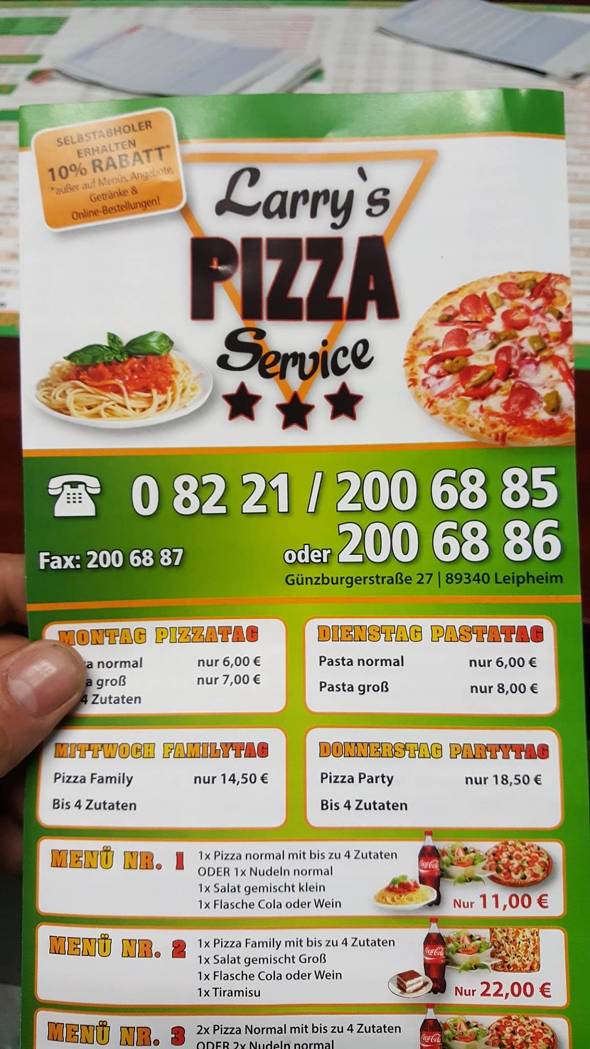 Speisekarte von Larrys pizza, Leipheim