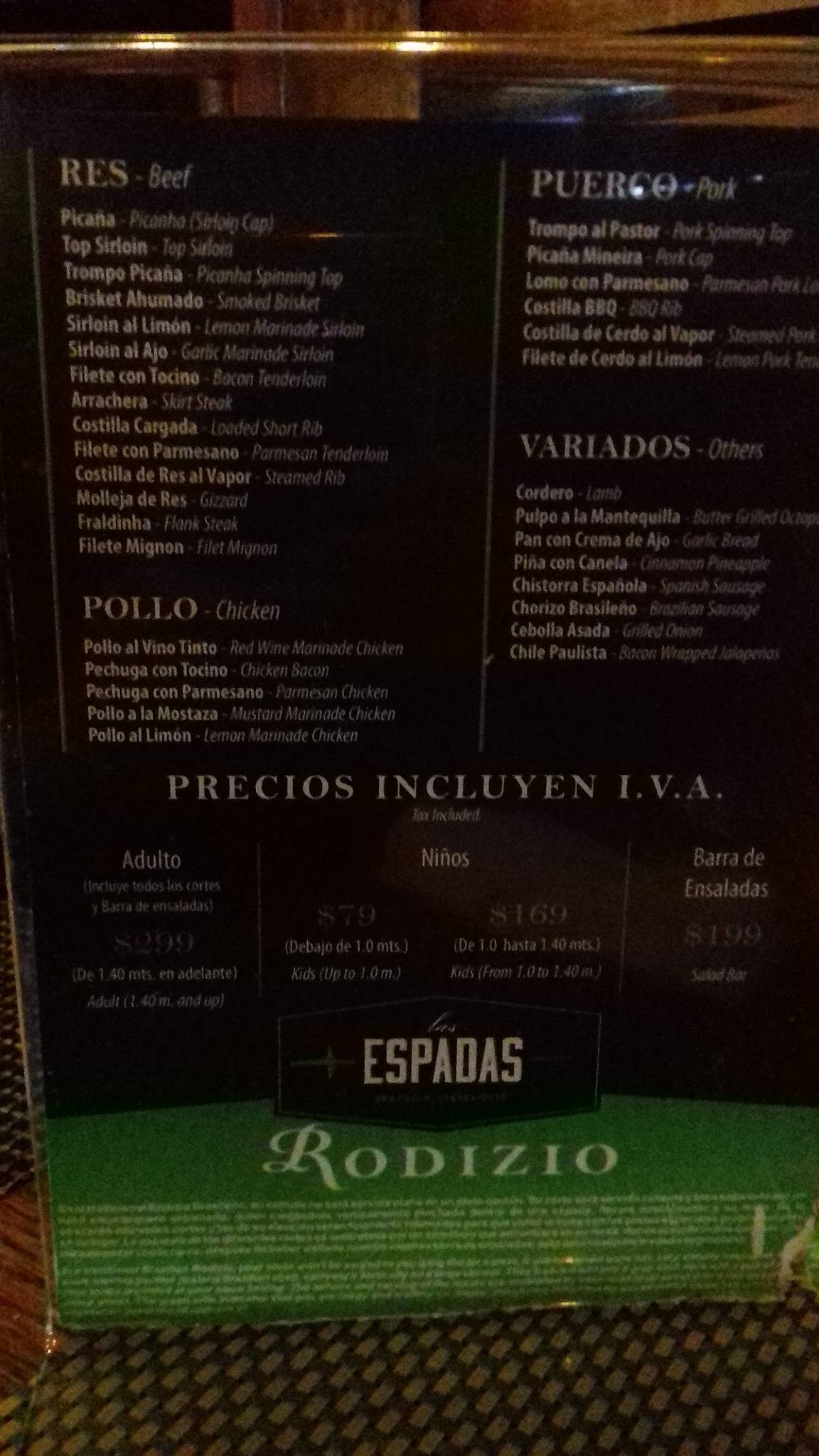 Carta de Las Espadas - Brazilian Steakhouse, Ciudad Juarez, Av ...