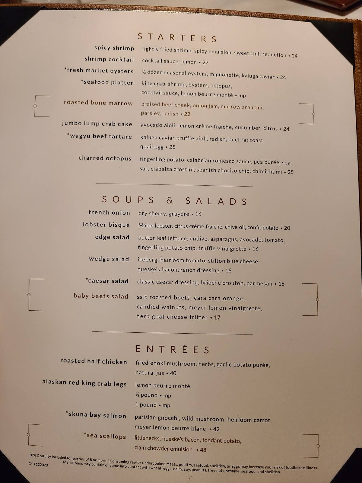 Menu at Edge Steakhouse, Las Vegas