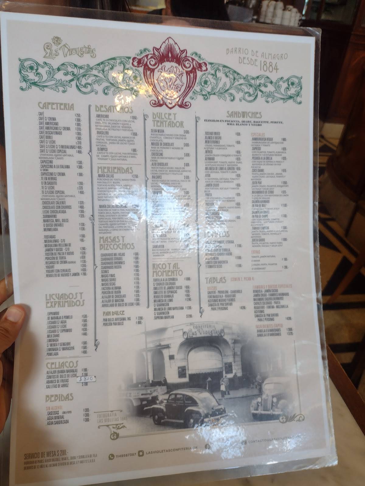 Carta de cafetería Las Violetas, Buenos Aires, Av. Rivadavia 3899