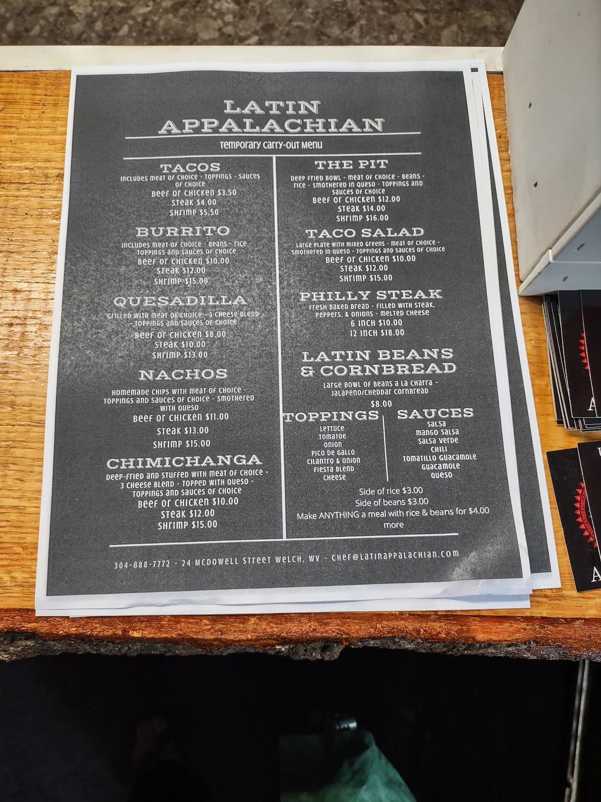 Menu at Latin Appalachian restaurant, Welch