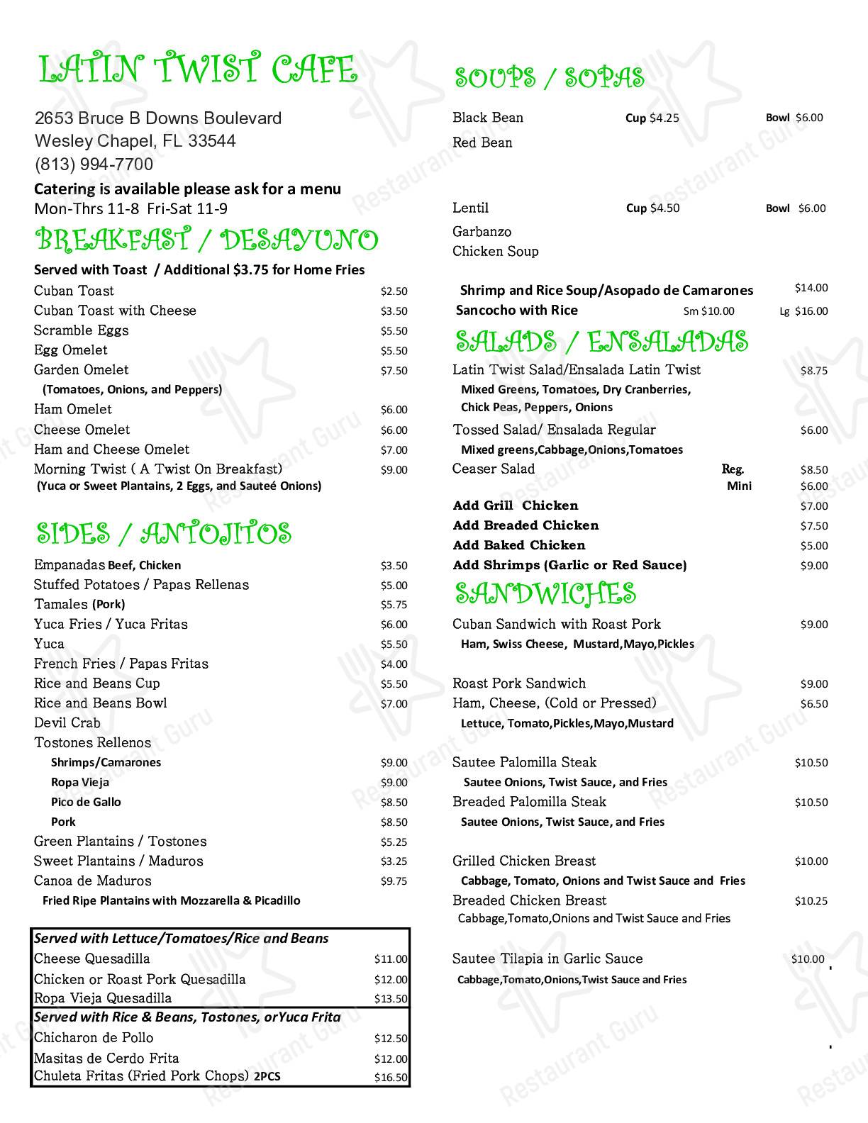 Menu at Latin Twist Cafe, Wesley Chapel