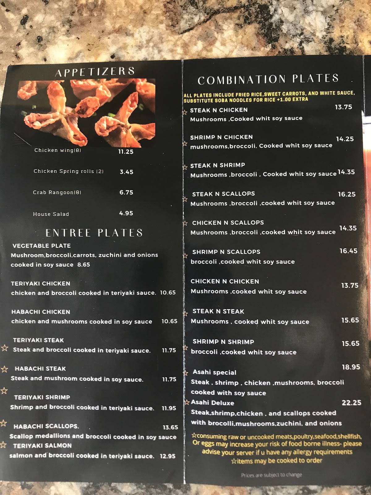 Menu at Asahi Japanese restaurant, Laurinburg