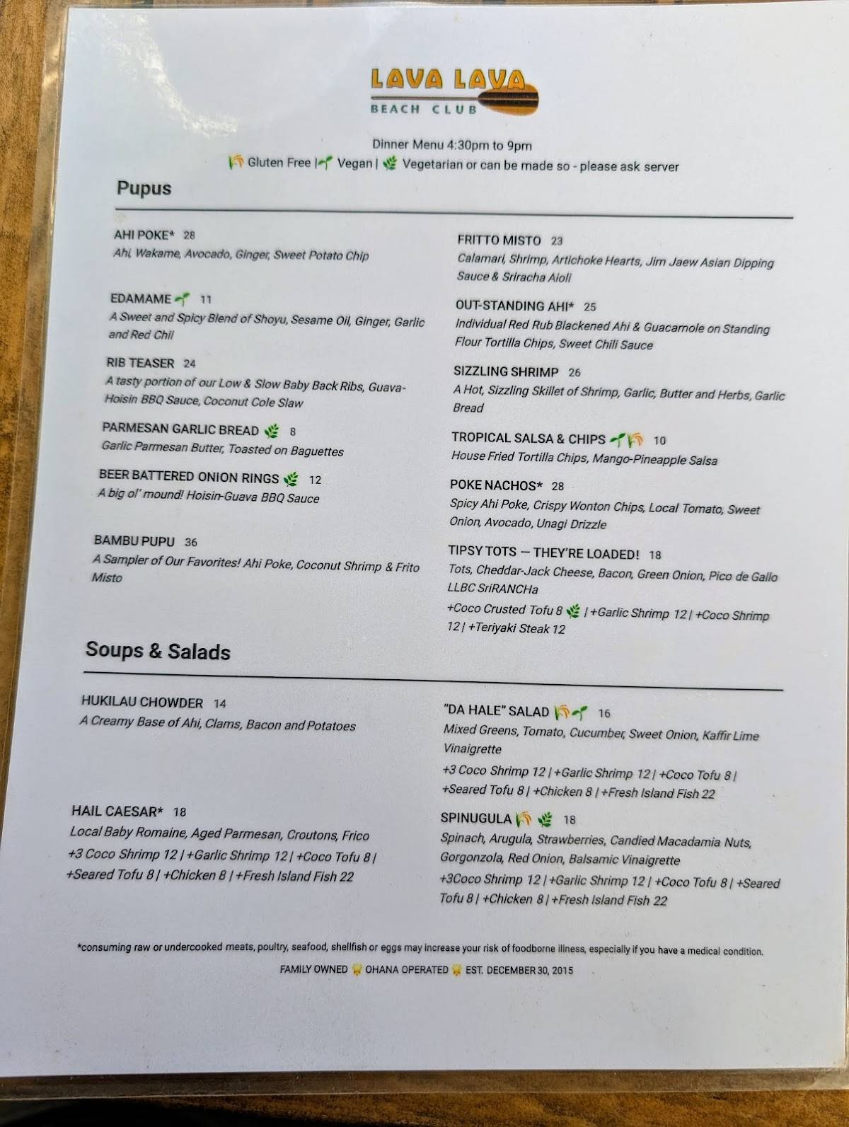 Menu at Lava Lava Beach Club, Kapaa