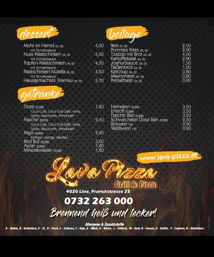 Speisekarte von Lava Pizza, Linz