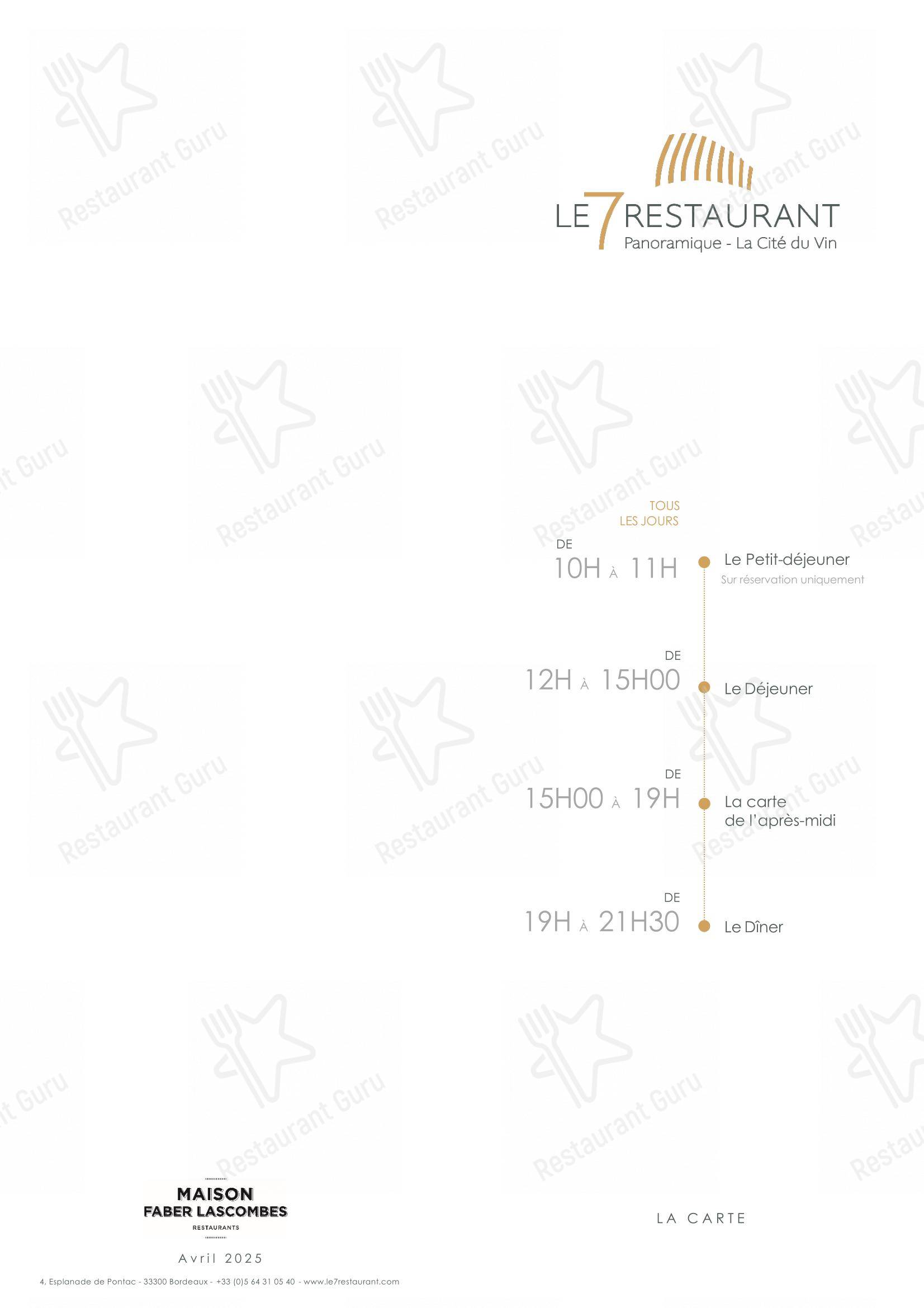 Menu at Le 7 Restaurant, Bordeaux, 134 Quai de Bacalan