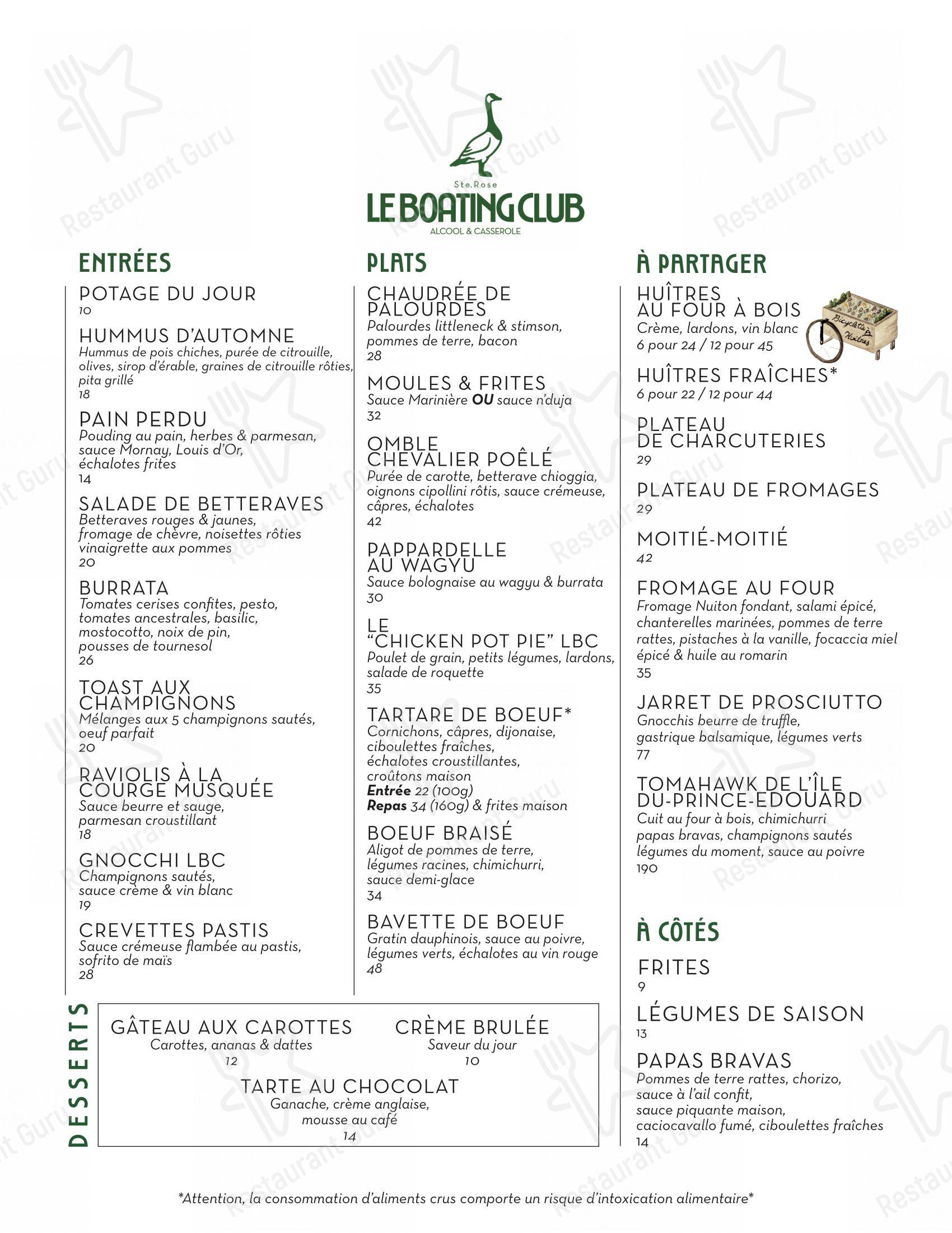 Menu au Le Boating Club, Laval