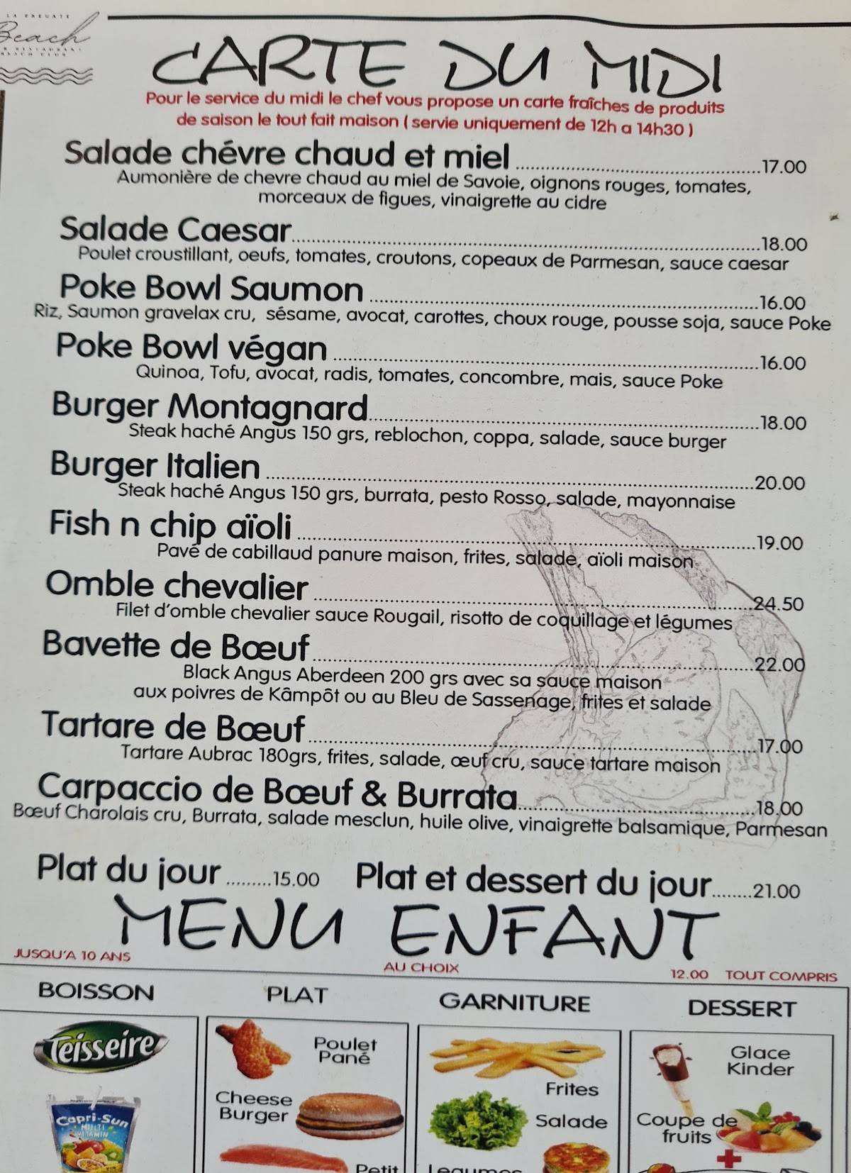 Menu au La Frégate restaurant, Le Bourget-du-Lac