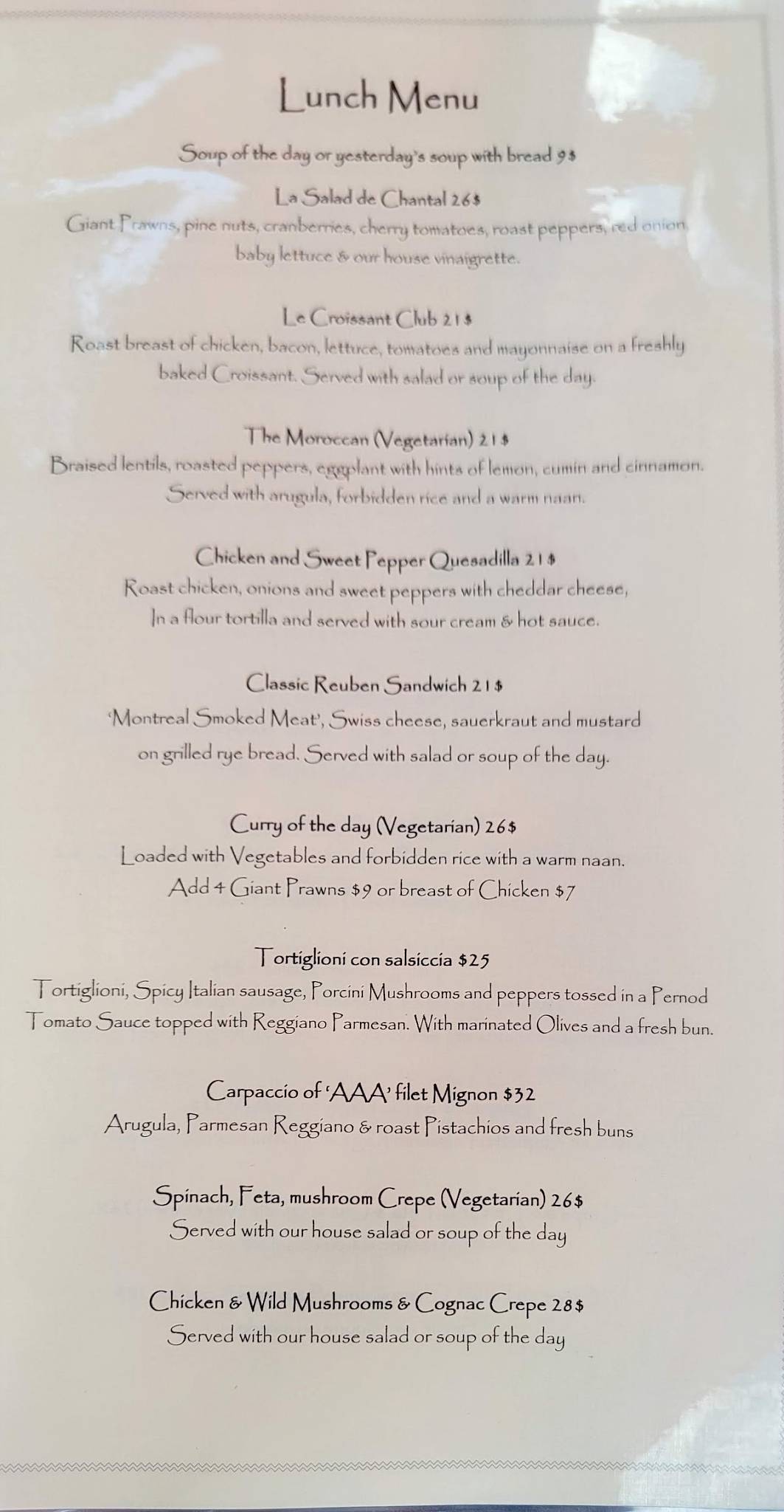 Menu au Le Café Entre Amis, Montebello