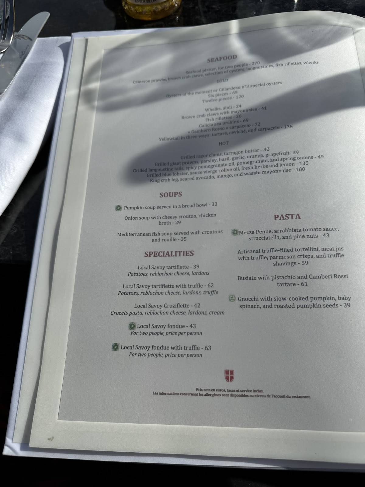 Menu at Le Chalet de Pierres restaurant, La Perrière
