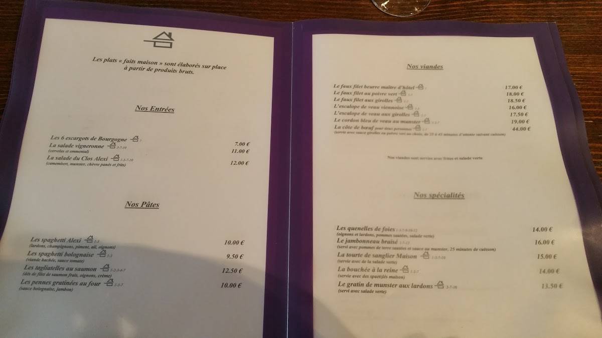 Menu au Le Clos Alexi Les Erlen Wettolsheim pizzeria, Wettolsheim ...