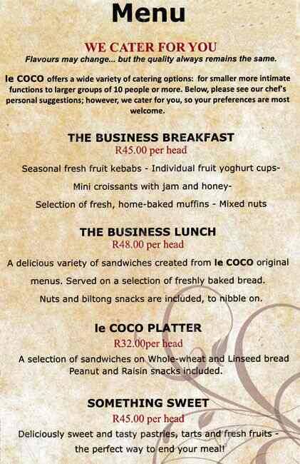Menu at Le Coco Sandwich Bar, Cape Town