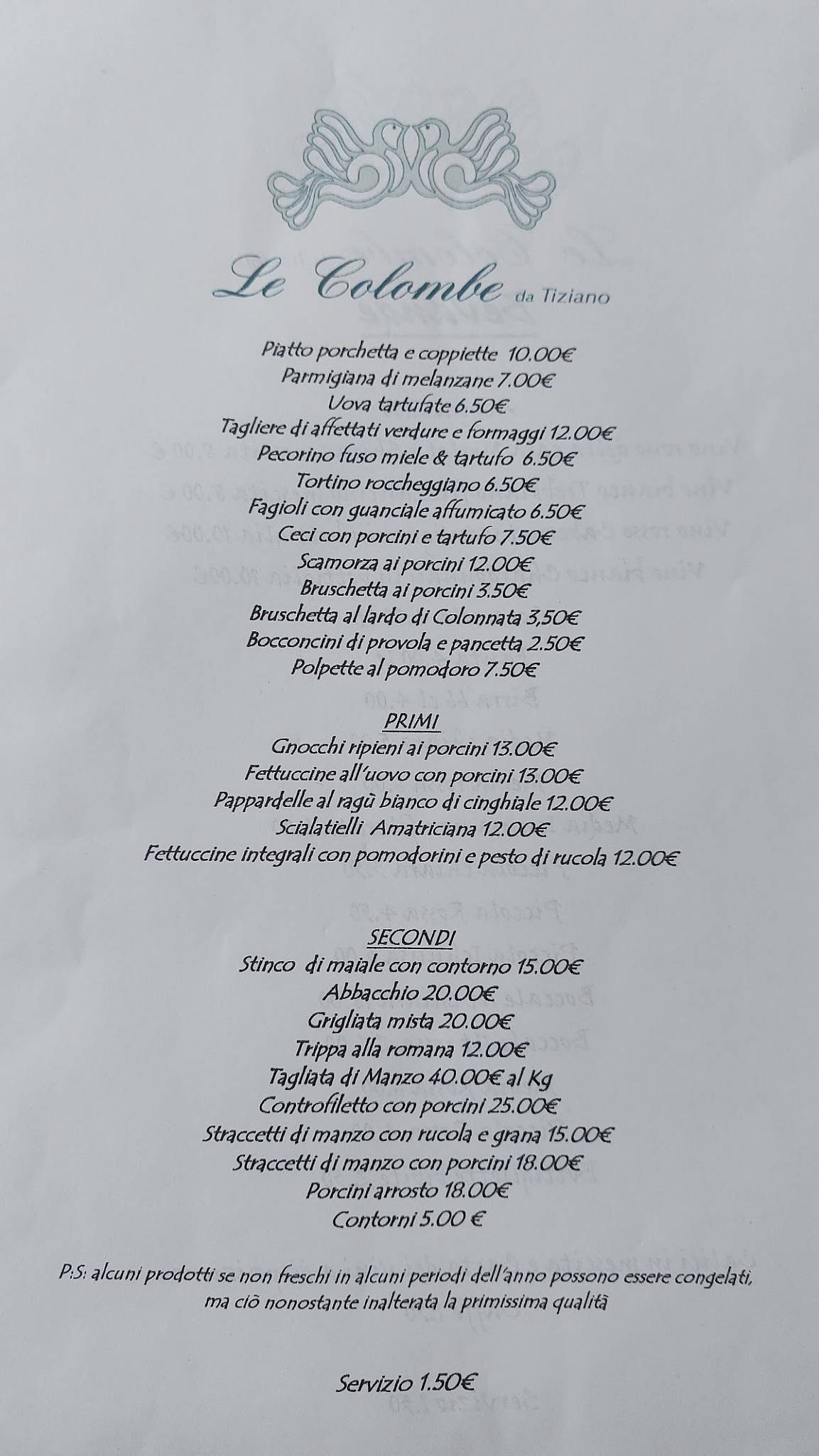 Menu da Le Colombe Nemi pizzeria, Nemi