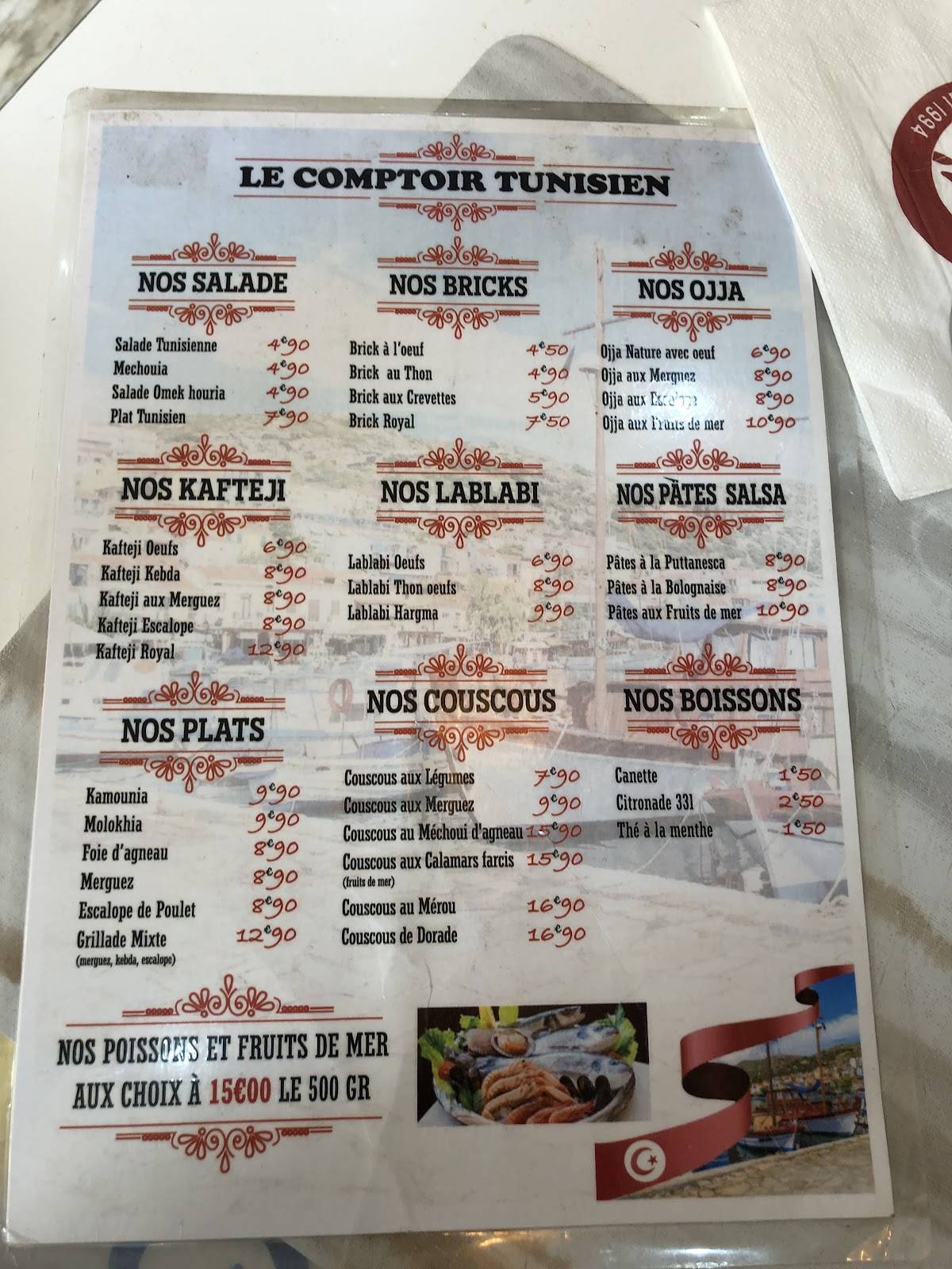 Menu au Le Comptoir Tunisien restaurant, Marseille