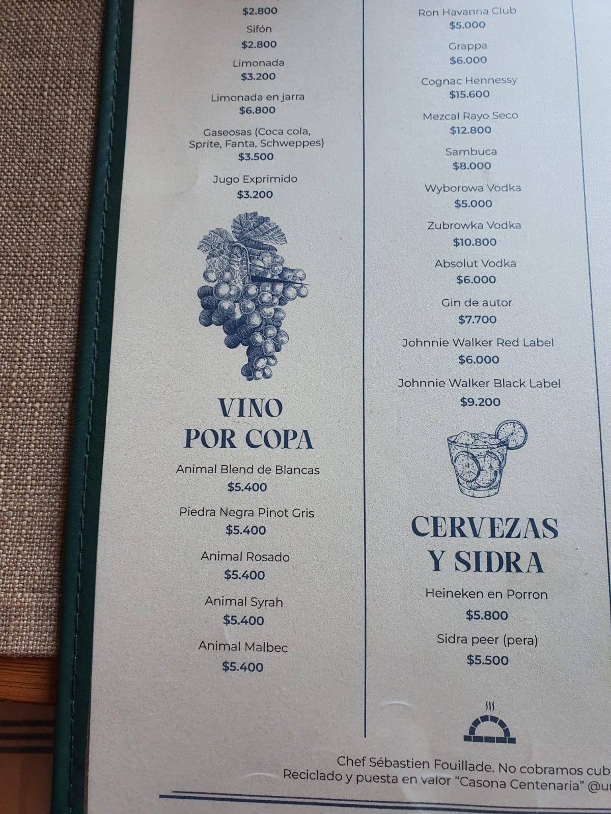 Carta del restaurante Le Four Azcuenaga, Azcuénaga