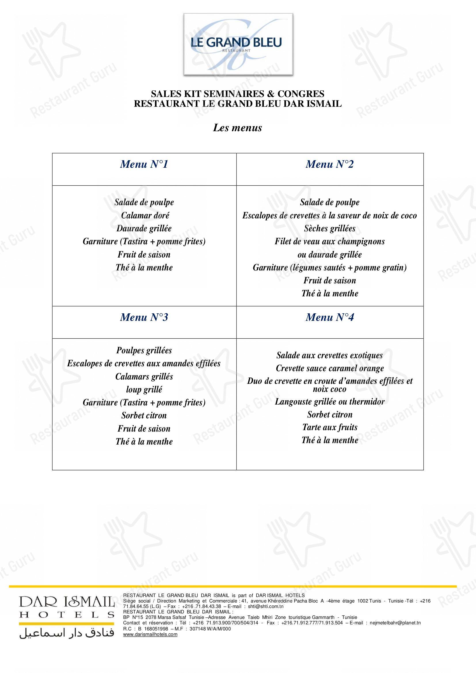 Menu at Le Grand Bleu restaurant, Gammarth, Av. Taieb Mhiri