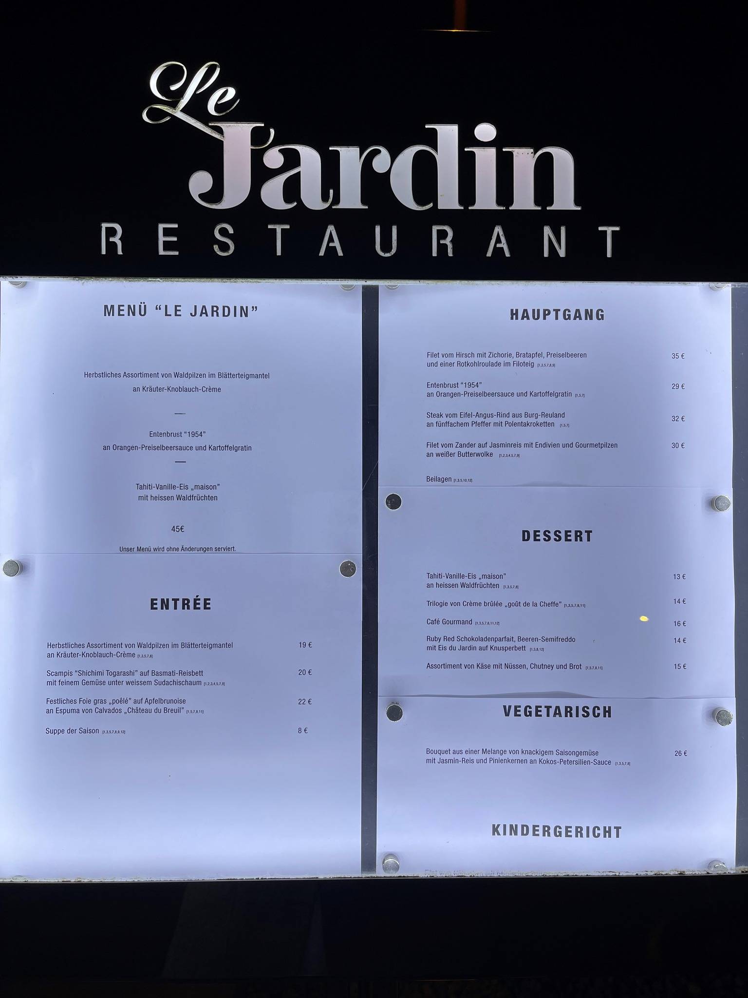 Menu au Restaurant Le Jardin (Wickler), Burg-Reuland