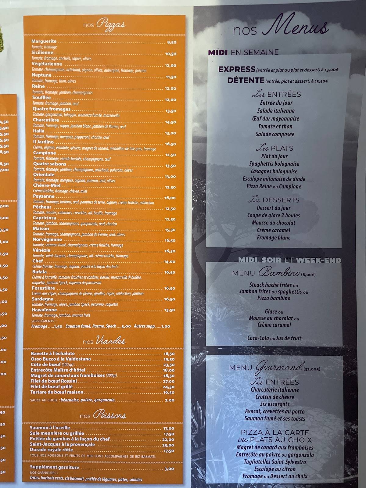 Menu au Le Jardin d'Italie restaurant, Breuillet