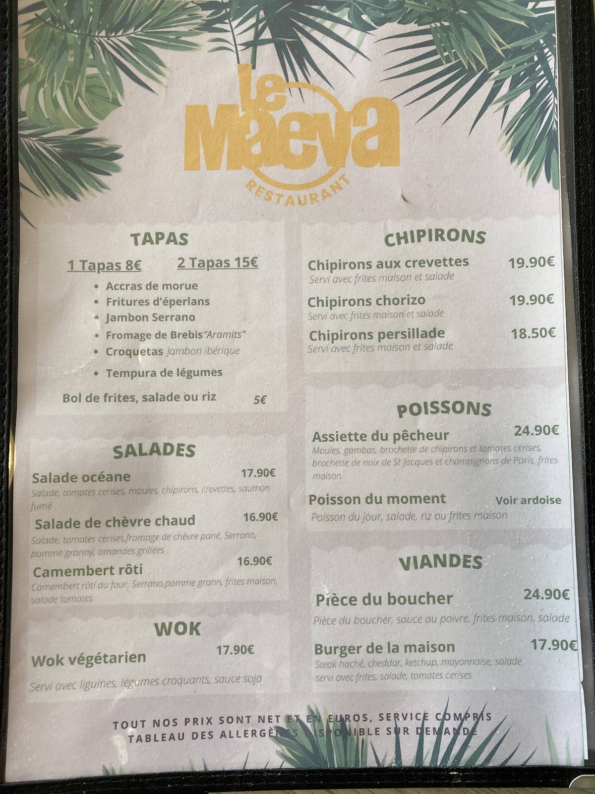 Menu au Le Maeva fast food, Capbreton, Résidence Grand Large