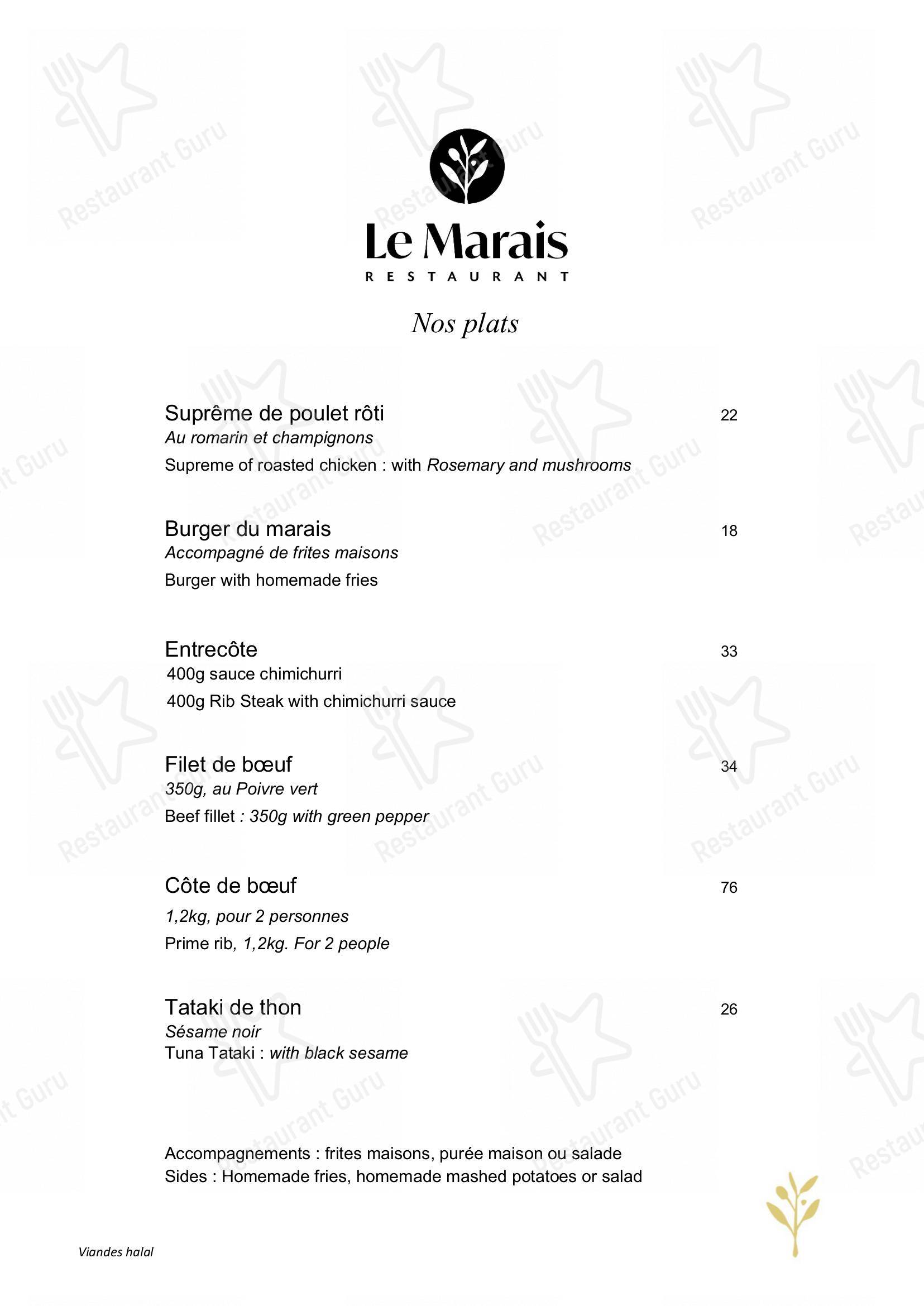 Menu au Le Marais Restaurant Paris, Paris