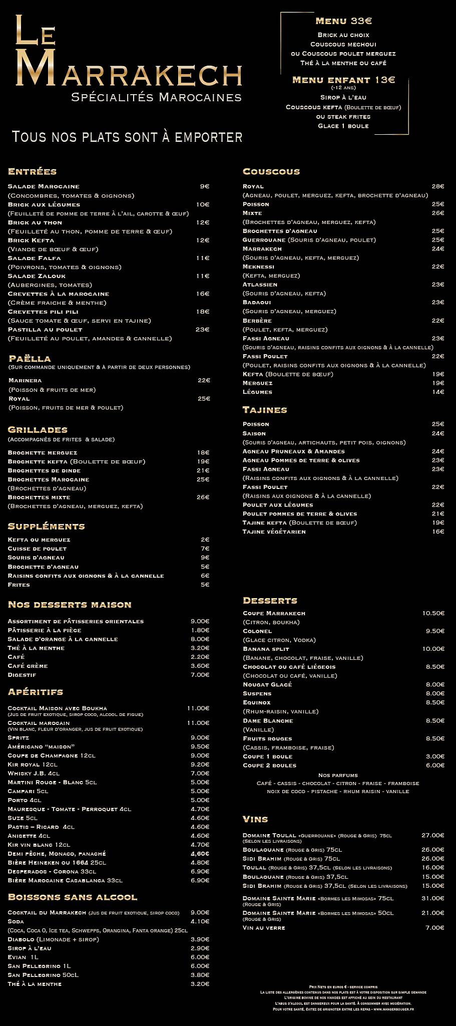 Menu au Le Marrakech restaurant, Bormes-les-Mimosas