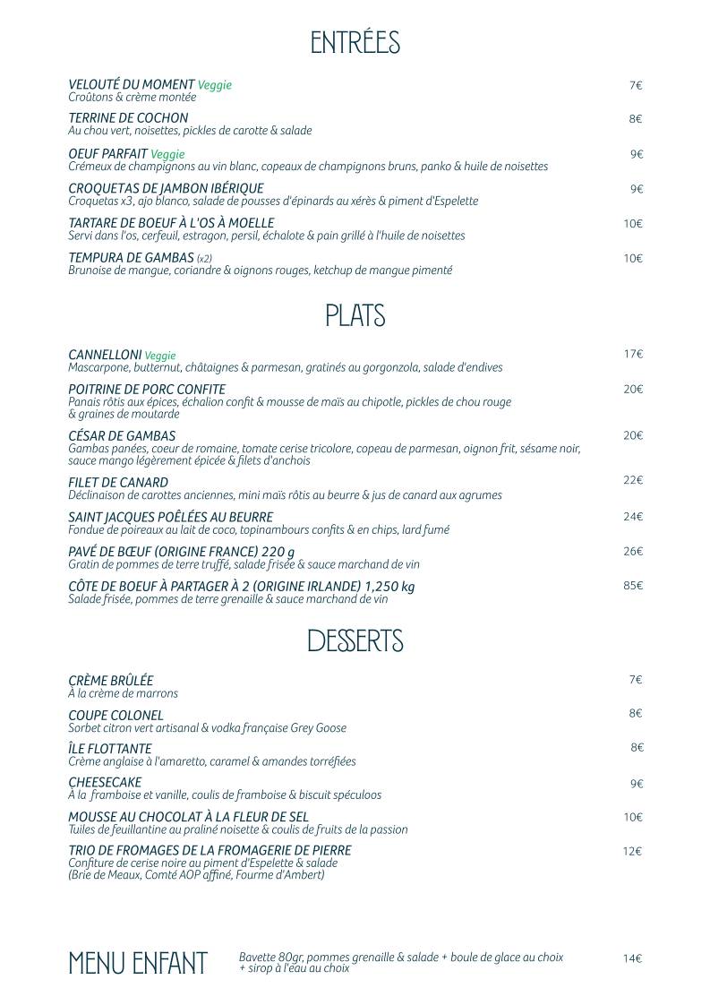 Menu au Le Mirabelle restaurant, Bordeaux