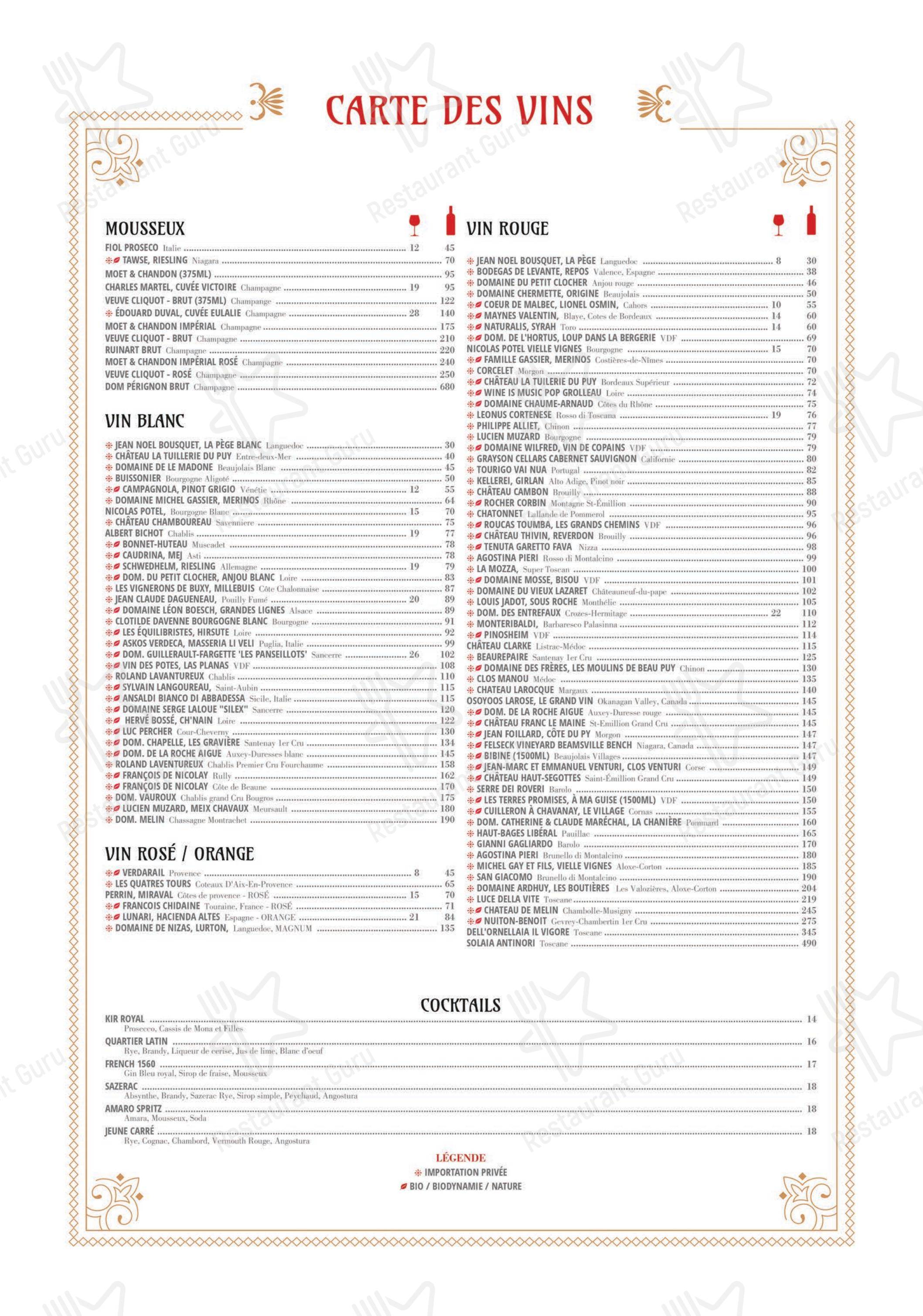 Menu au Le Molière Brasserie Française pub et bar, Montréal