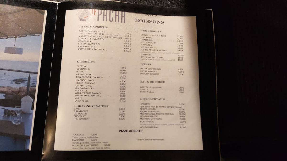 Menu au Le Pacha restaurant, Conca
