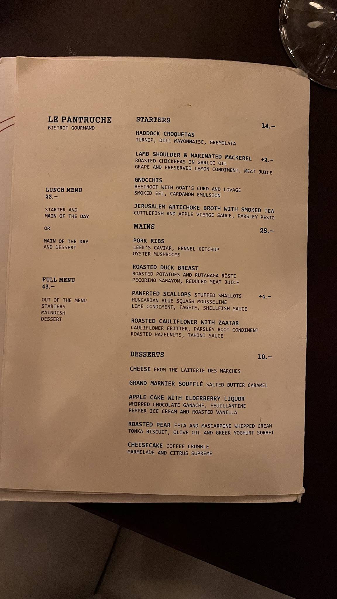 Menu at Le Pantruche restaurant, Paris, 3 Rue Victor Massé