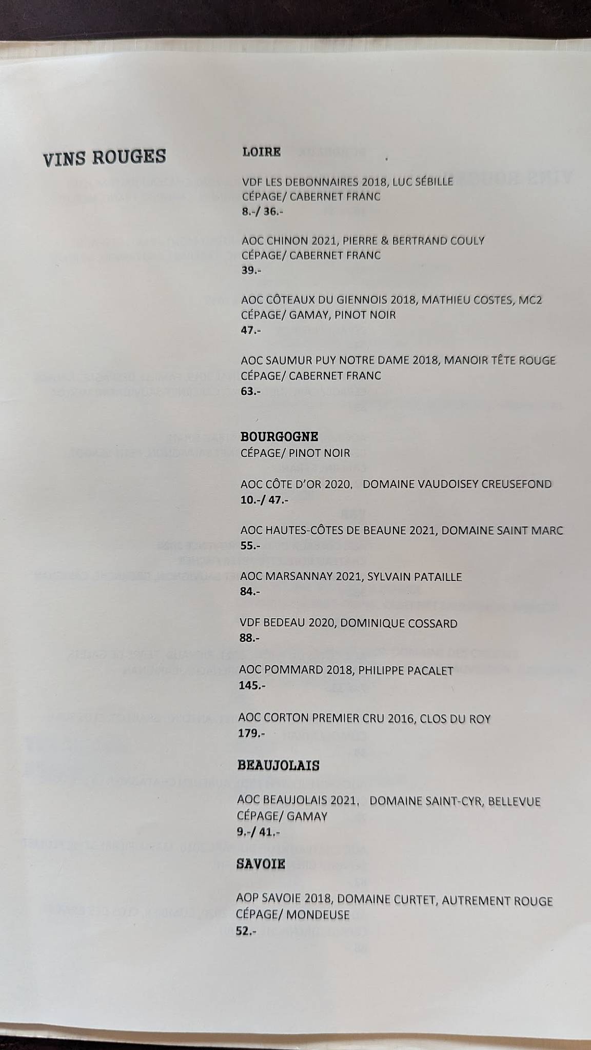 Menu at Le Pantruche restaurant, Paris, 3 Rue Victor Massé