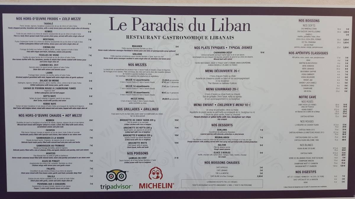 Menu au Le Paradis du Liban restaurant, Fréjus