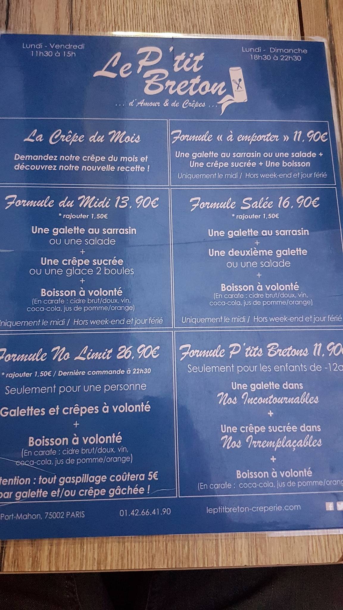 Menu au Le P'tit Breton Opéra restaurant, Paris, 12 Rue de Port-Mahon