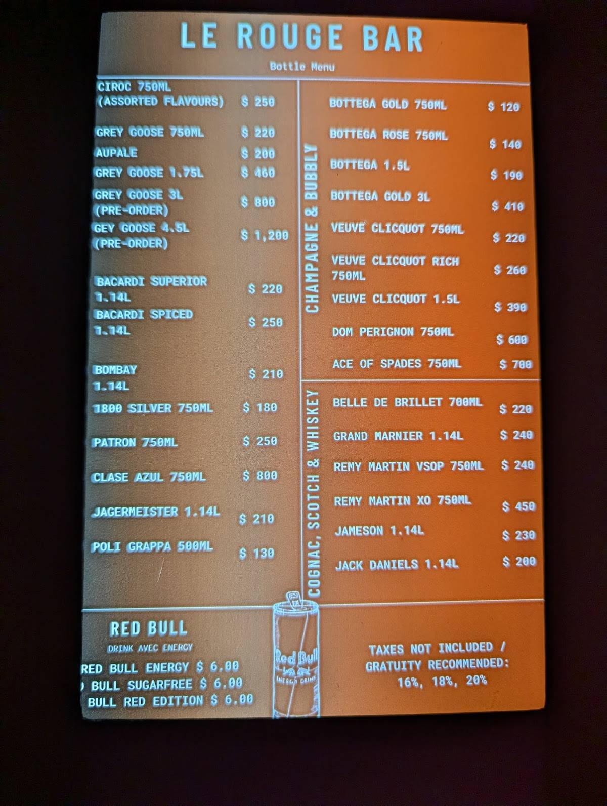 Menu au Le Rouge Bar, Montréal, 7 Ave
