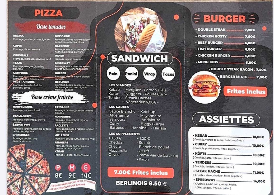 Menu au Le Speedway pizzeria, Alençon