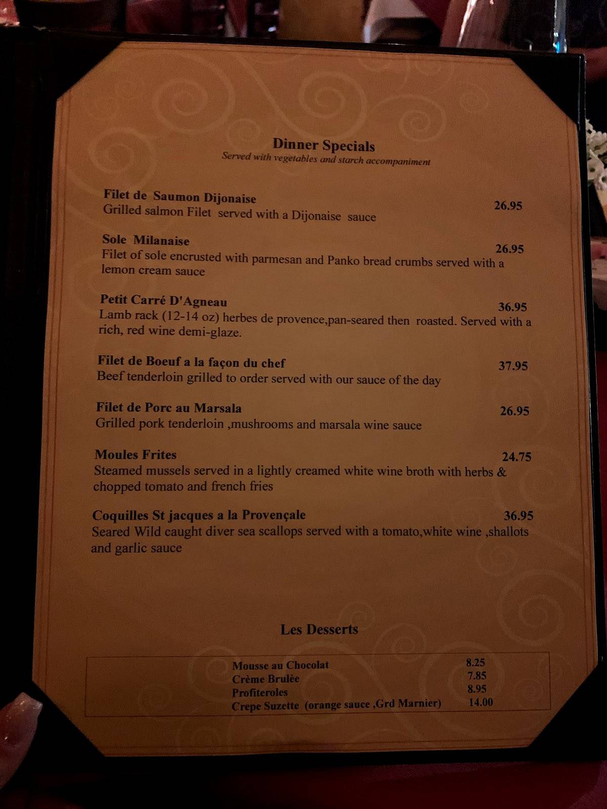 Menu at Le Troquet restaurant, Albuquerque