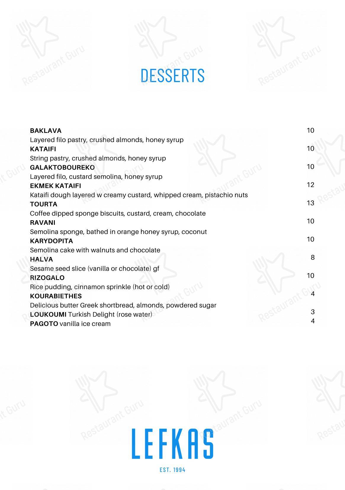 Menu at Lefkas Taverna restaurant, West End