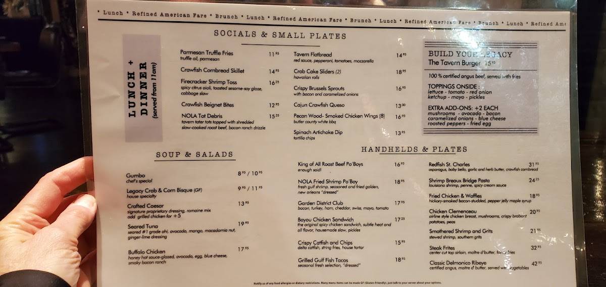 Menu at Legacy Kitchen Craft Tavern restaurant, New Orleans