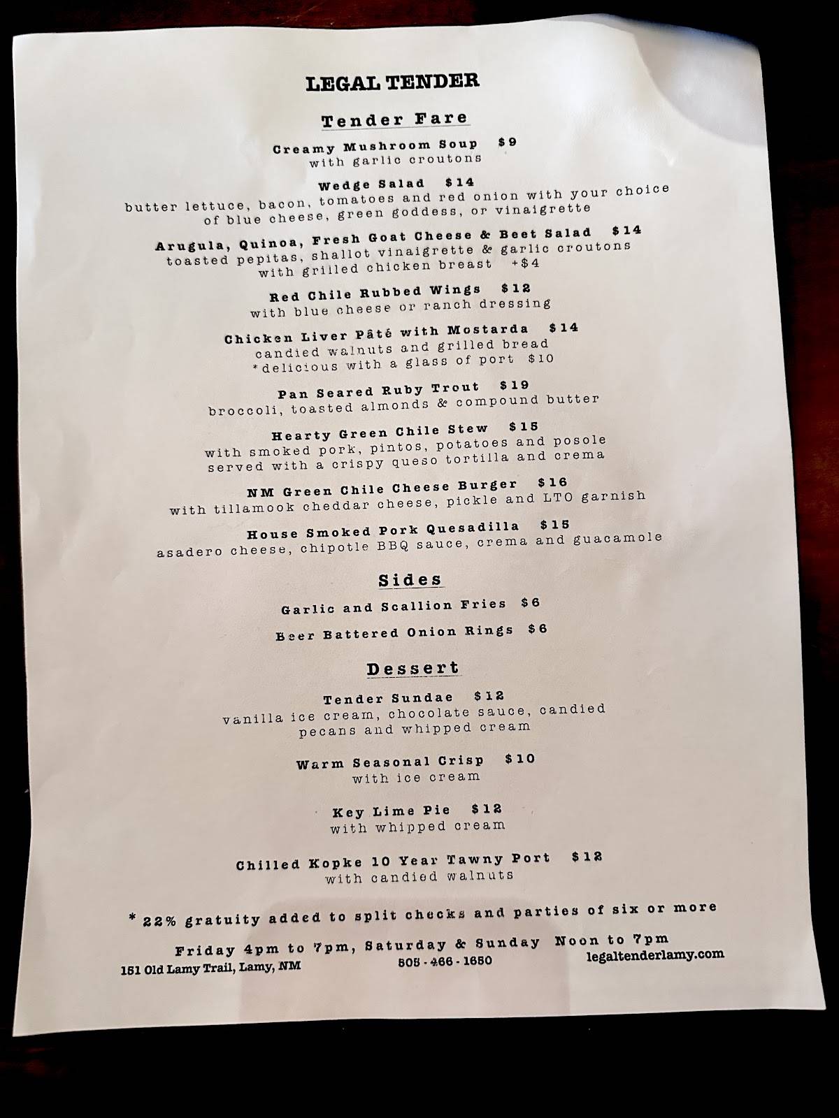 Menu at Legal Tender Saloon & Eating House pub & bar, Lamy, 151 Old ...
